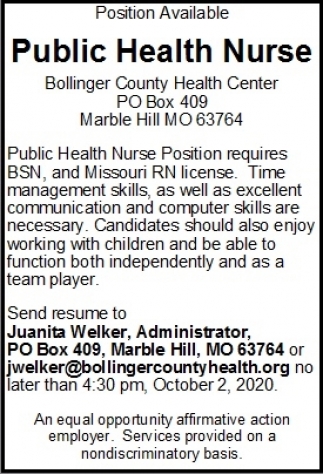 Public Health Nurse, Bollinger County Health Center, Marble Hill, MO