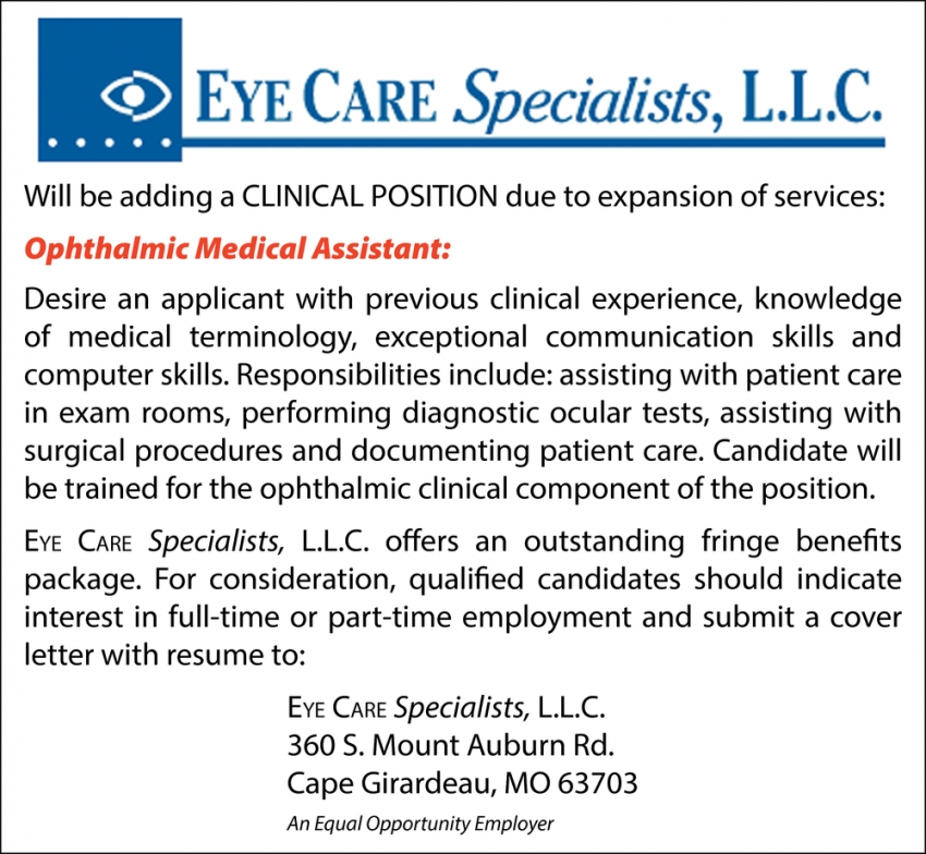 Ophthalmic Medical Assistant, Eye Care Specialists, L.l.c., Cape ...
