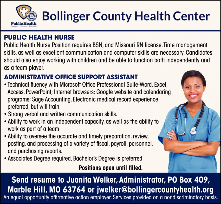 Public Health Nurse & Administrative Office Support Assistant, Bollinger County Health Center ...