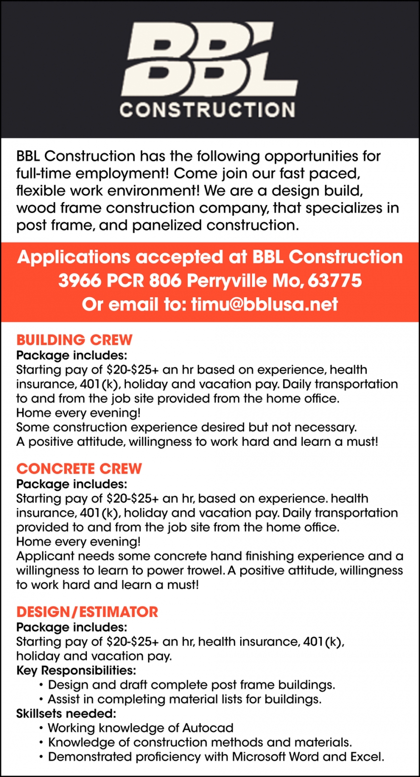 Building Crew, Concrete Crew & Design/Estimator, BBL Construction, Inc ...