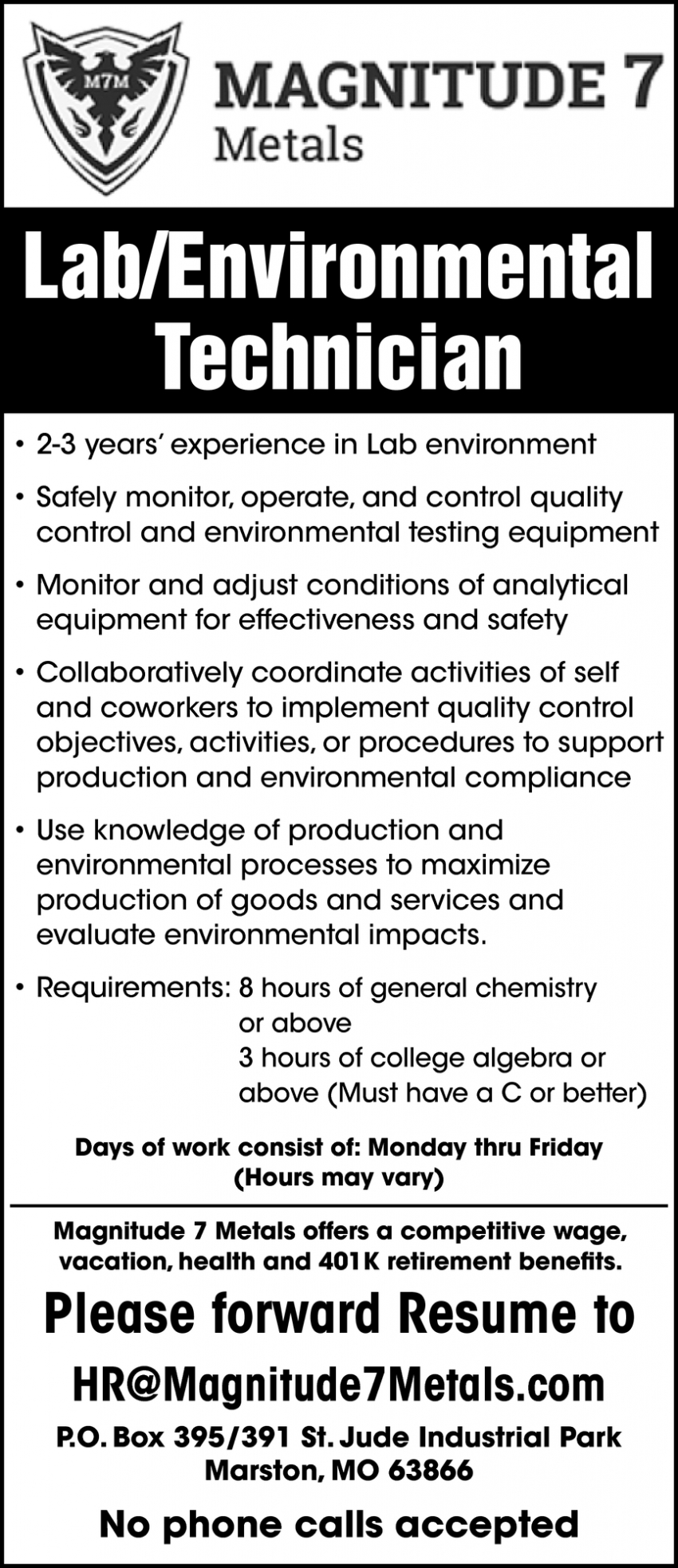 Lab / Environmental Technician, Magnitude 7 Metals