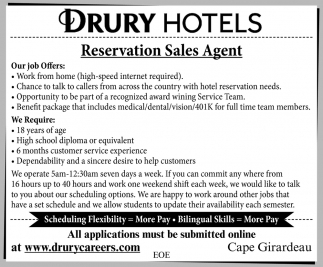 Reservation Sales Agent, Drury Hotels, Cape Girardeau, MO