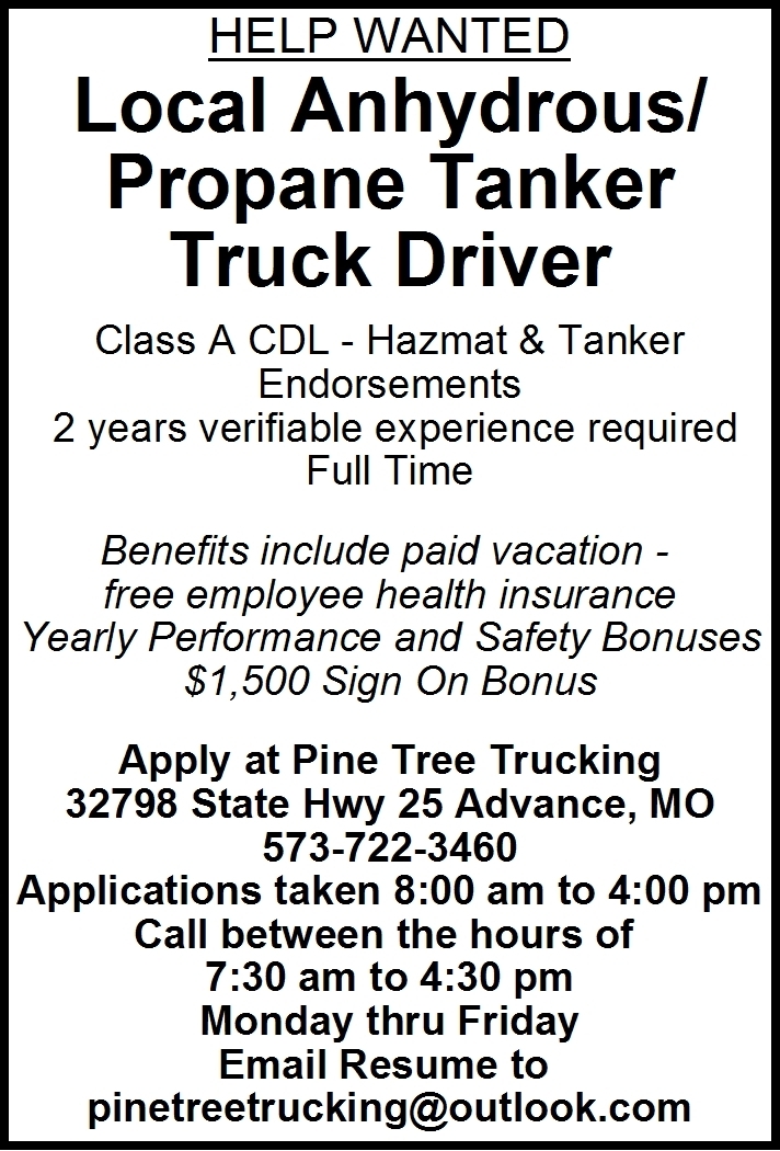 Local Anhydrous / Propane Tanker Truck Driver, Pine Tree Trucking ...