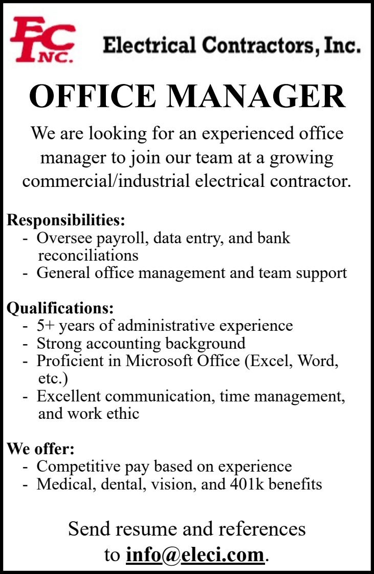 Office Manager, Electrical Contractors Inc., Cape Girardeau, MO
