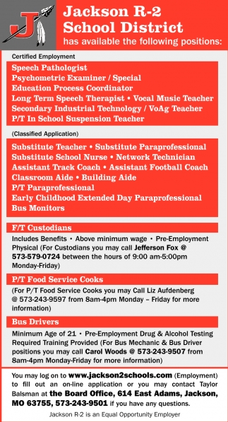 Openings, Jackson R-2 School District, Jackson, MO