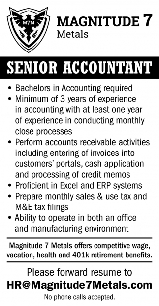 Senior Accountant, Magnitude 7 Metals